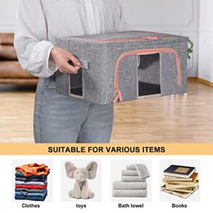 3 Pack Steel Frame Storage Box, Stackable and Foldable Clothes Storage Bins with Reinforced Handle and Clear Window, Cotton Linen Storage bag Perfect for Clothing Toys Sheets Blankets 24L