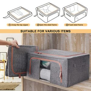 3 Pack Steel Frame Storage Box, Stackable and Foldable Clothes Storage Bins with Reinforced Handle and Clear Window, Cotton Linen Storage bag Perfect for Clothing Toys Sheets Blankets 24L