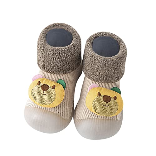 Newborn Babies Boys Girls Cute Cartoon Bear Shoes First Walkers Thickened Warm Antislip Socks Shoes for 0-24 Months (Khaki, 18-24 Months)