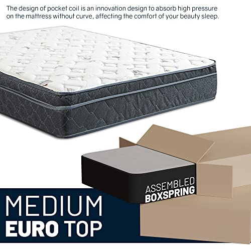 Greaton 12" Full Breathable Medium Firm Support Hybrid Mattress in a Box with Pressure Relieving Quilted Eurotop for Cloud Like Comfort with 8" Box Spring, Black