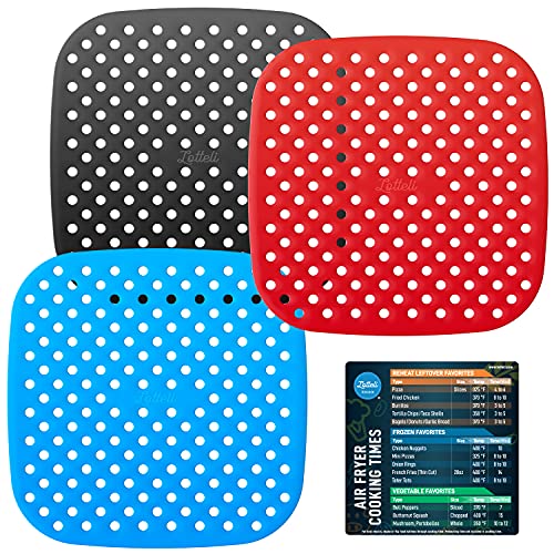 LOTTELI KITCHEN Reusable Silicone Air Fryer Liners 3 Pack with Air Fryer Magnetic Cheat Sheet, Easy Clean Air Fryer Accessories, Non Stick, AirFryer Accessory Parchment Paper Replacement - 8.5" Square