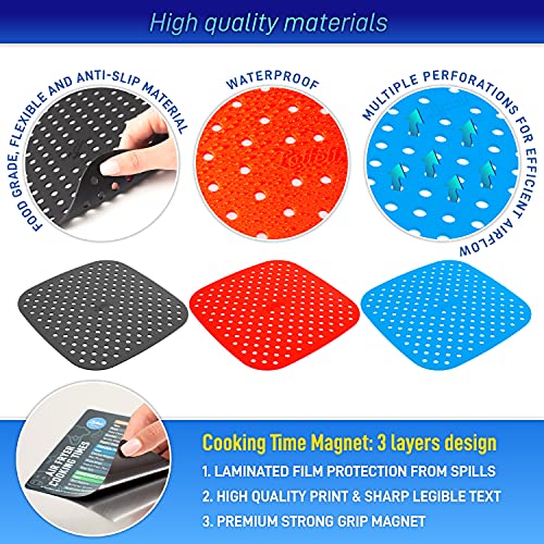 LOTTELI KITCHEN Reusable Silicone Air Fryer Liners 3 Pack with Air Fryer Magnetic Cheat Sheet, Easy Clean Air Fryer Accessories, Non Stick, AirFryer Accessory Parchment Paper Replacement - 8.5" Square