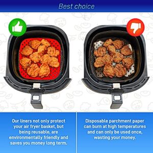 LOTTELI KITCHEN Reusable Silicone Air Fryer Liners 3 Pack with Air Fryer Magnetic Cheat Sheet, Easy Clean Air Fryer Accessories, Non Stick, AirFryer Accessory Parchment Paper Replacement - 8.5" Square