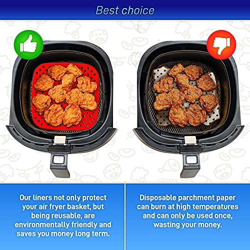 LOTTELI KITCHEN Reusable Silicone Air Fryer Liners 3 Pack with Air Fryer Magnetic Cheat Sheet, Easy Clean Air Fryer Accessories, Non Stick, AirFryer Accessory Parchment Paper Replacement - 8.5" Square