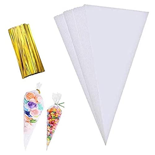 Cone Bags Clear Cello Treat Bags with Gold Twist Ties, Triangle Transparent Cellophane Sweet Bag for Halloween Christmas Party Snacks Chocolates Candy Popcorn Cookies Craft Gifts (5.1" X 9.8")