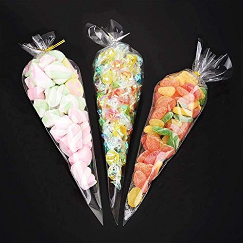 Cone Bags Clear Cello Treat Bags with Gold Twist Ties, Triangle Transparent Cellophane Sweet Bag for Halloween Christmas Party Snacks Chocolates Candy Popcorn Cookies Craft Gifts (5.1" X 9.8")