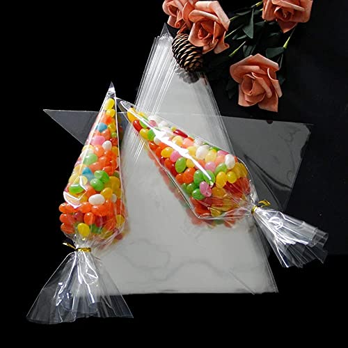 Cone Bags Clear Cello Treat Bags with Gold Twist Ties, Triangle Transparent Cellophane Sweet Bag for Halloween Christmas Party Snacks Chocolates Candy Popcorn Cookies Craft Gifts (5.1" X 9.8")