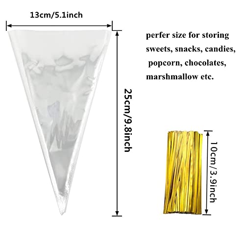 Cone Bags Clear Cello Treat Bags with Gold Twist Ties, Triangle Transparent Cellophane Sweet Bag for Halloween Christmas Party Snacks Chocolates Candy Popcorn Cookies Craft Gifts (5.1" X 9.8")