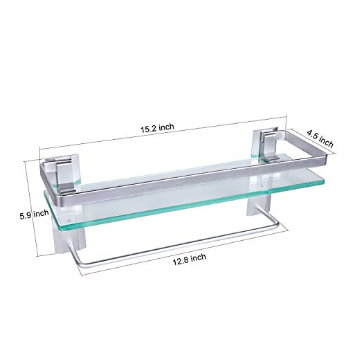 Vdomus Bathroom Tempered Glass Corner Shelf with Towel Bar Wall Mounted, Brushed Silver Finish