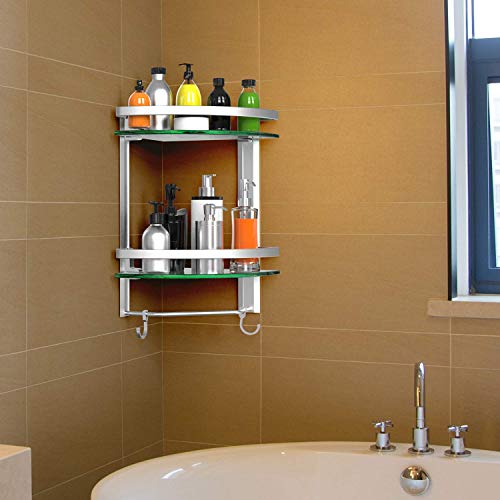 Vdomus Bathroom Tempered Glass Corner Shelf with Towel Bar Wall Mounted, Brushed Silver Finish