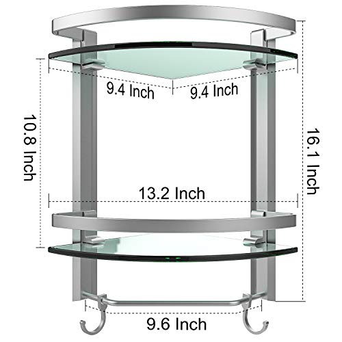 Vdomus Bathroom Tempered Glass Corner Shelf with Towel Bar Wall Mounted, Brushed Silver Finish