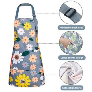 BOUMUSOE 3 Pack Floral Aprons with Pocket, Blooming Womens Aprons Waterproof Adjustable Cooking Aprons for Kitchen Gardening and Salon