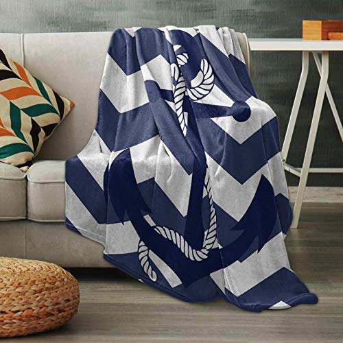 SUN-Shine Flannel Throw Blanket Nautical Sailing Blue Anchor,Warm Lightweight Blankets for Couch Sofa Bedroom Living Room White Stripe Chevron Ripple,Cozy Microfiber Stadium Throws All Seasons Use