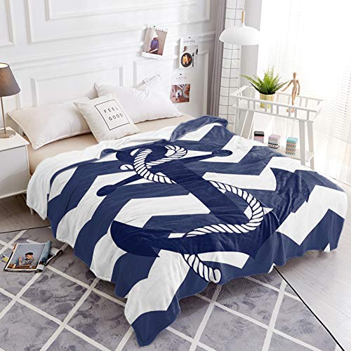 SUN-Shine Flannel Throw Blanket Nautical Sailing Blue Anchor,Warm Lightweight Blankets for Couch Sofa Bedroom Living Room White Stripe Chevron Ripple,Cozy Microfiber Stadium Throws All Seasons Use