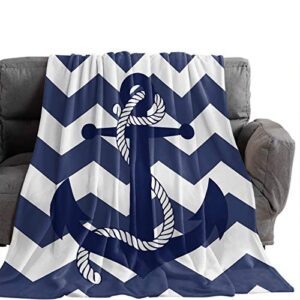 SUN-Shine Flannel Throw Blanket Nautical Sailing Blue Anchor,Warm Lightweight Blankets for Couch Sofa Bedroom Living Room White Stripe Chevron Ripple,Cozy Microfiber Stadium Throws All Seasons Use