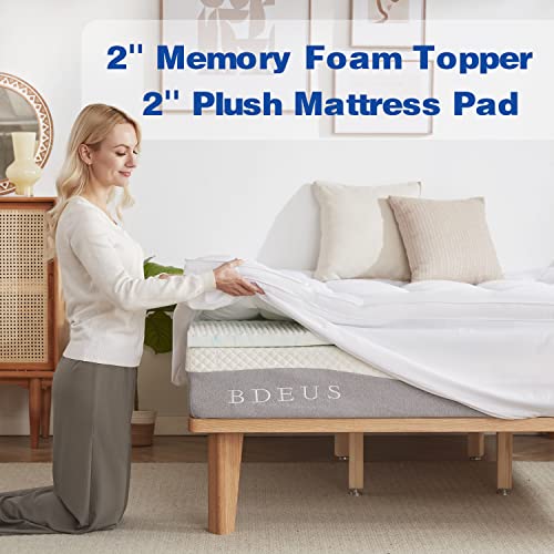 SINWEEK Dual Layer 4 Inch Memory Foam Mattress Topper, Queen Size, 2 Inch Gel Memory Foam Plus 2 Inch Extra Thick Pillowtop Cover, Pressure Relieve Soft Mattress Pad