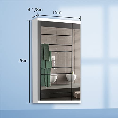 ES-DIY 15''x 26'' LED Lighted Bathroom Medicine Cabinet with Mirror, Surface Lighted Medicine Cabinet,Dimmable,Adjustable Shelves,Intelligent Switch Medicine Cabinet, Aluminum Frame, 120°Soft Hinge