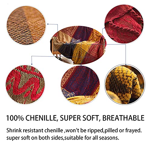 CUEERBOT Bohemian Throw Blankets Colorful Boho Sofa Throw Cover Chenille Jacquard Tassels Reversible Woven Aztec Blankets for Couch Bed Red 60" x 75"