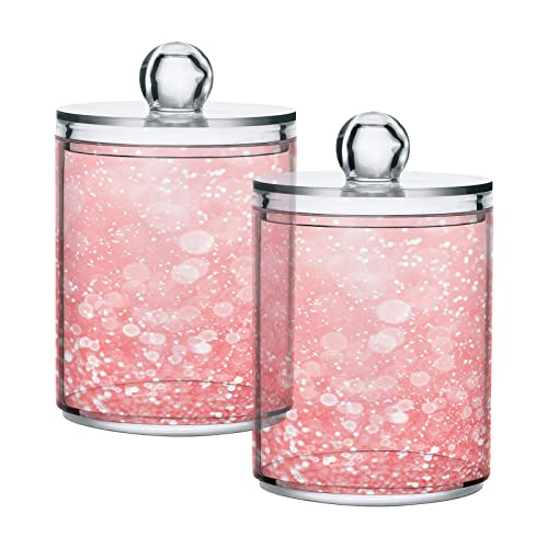 Coral Pink Blurred Sparkle Qtip Dispenser Apothecary Jars Bathroom Qtip Holder Storage Canister Plastic Jar 10 Oz for Cotton Ball Swab Round Pads Floss 2pcs