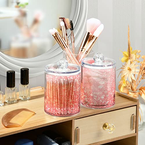 Coral Pink Blurred Sparkle Qtip Dispenser Apothecary Jars Bathroom Qtip Holder Storage Canister Plastic Jar 10 Oz for Cotton Ball Swab Round Pads Floss 2pcs