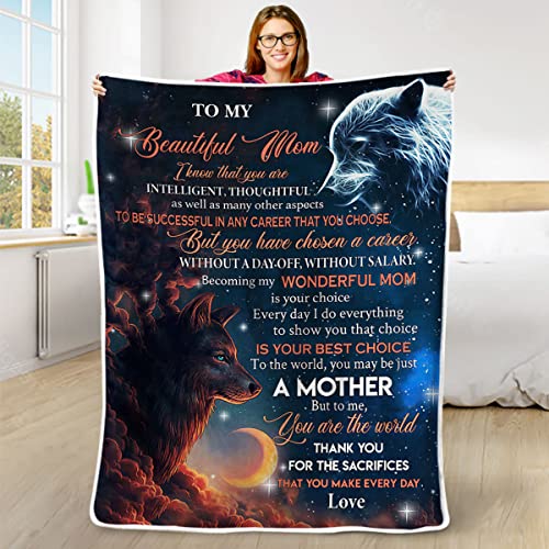 Gadgetstalk Becoming My Wonderful mom is Your Choice Wolf and Moon Blanket Love Blanket Throw to My Beautiful Mom from Daughter & Son Birthday Thick Throw for Office 50x60 inch