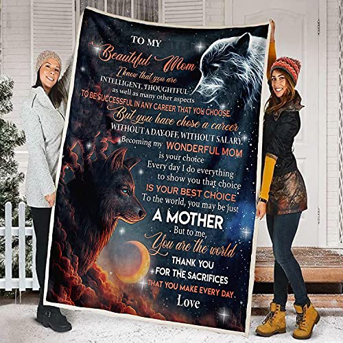 Gadgetstalk Becoming My Wonderful mom is Your Choice Wolf and Moon Blanket Love Blanket Throw to My Beautiful Mom from Daughter & Son Birthday Thick Throw for Office 50x60 inch