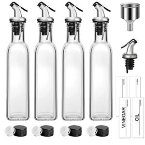 gmisun 8oz olive oil bottle dispenser, 4 pack leakproof oil and vinegar dispenser set with clear glass oil bottle, non-drip spouts, black caps, funnel and labels