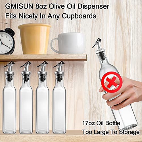 GMISUN 8oz Olive Oil Bottle Dispenser, 4 Pack Leakproof Oil And Vinegar Dispenser Set With Clear Glass Oil Bottle, Non-Drip Spouts, Black Caps, Funnel And Labels