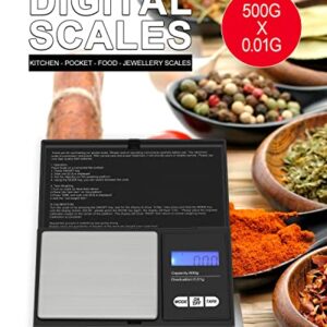 500x0.01g Digital Scales, VIAFOIA Portable High Precision Scales with Back-lit LCD Display, Mini Pocket Kitchen Weighing Scale for Jewellery Gold Food Coffee Herb Coin (Battery Included)