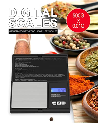 500x0.01g Digital Scales, VIAFOIA Portable High Precision Scales with Back-lit LCD Display, Mini Pocket Kitchen Weighing Scale for Jewellery Gold Food Coffee Herb Coin (Battery Included)