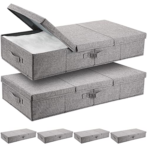 Chumia 6 Pcs Under Bed Storage with Lids and Handle Large Under Bed Storage Containers Foldable Stackable Blanket Storage Sturdy Drawer Box Organizer Bins for Clothes Shoes Pillows Toys Quilts, Gray