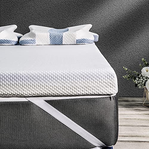 3 Inch Memory Foam Mattress Topper Queen, Gel-Infused Bed Topper for Back Pain Pressure Relief, Soft and Firm Dual Layer Design with Removable Washable Cover & Adjustable Straps