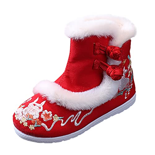 Toddler Gilrs Cloth Shoes Rubber Sole Warm Winter Snow Boots Embroidery Print Cotton Boots Speak Boots (Red, 4-4.5 Years Little Child)