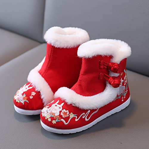 Toddler Gilrs Cloth Shoes Rubber Sole Warm Winter Snow Boots Embroidery Print Cotton Boots Speak Boots (Red, 4-4.5 Years Little Child)