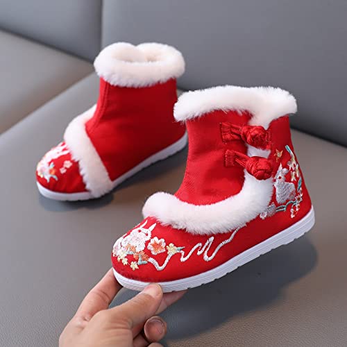 Toddler Gilrs Cloth Shoes Rubber Sole Warm Winter Snow Boots Embroidery Print Cotton Boots Speak Boots (Red, 4-4.5 Years Little Child)