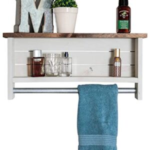 Bathroom Shelf with Towel Bar | Solid Wood | Wall Mount | Modern Farmhouse Decor | 12 x 24 Inch (Whitewash)