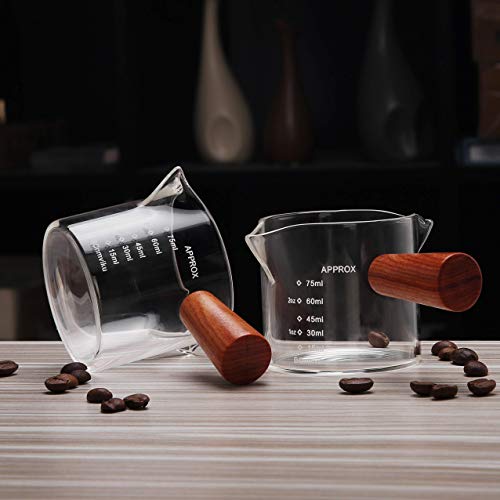 1 Pack Double Spouts Measuring Triple Pitcher Milk Cup with Wood Handle 75ML Espresso Shot Glasses Parts Clear Glass By BCnmviku