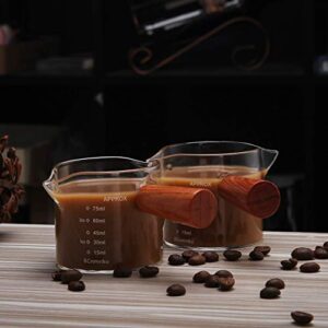 1 Pack Double Spouts Measuring Triple Pitcher Milk Cup with Wood Handle 75ML Espresso Shot Glasses Parts Clear Glass By BCnmviku