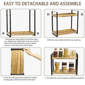 HMSOFTEST 2 Tier Bathroom Counter Organizer, Wood Bathroom Organizer Countertop, Cosmetic Storage Tray Vanity Organizer, Kitchen Snack Spice Rack, Bathroom Sink Organizer, Coffee Station Shelf（Brown）