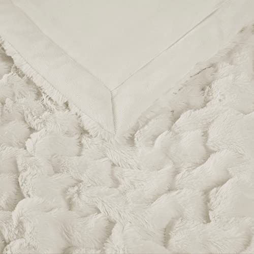 Madison Park Ruched Fur Luxury Throw Premium Soft Cozy Brushed Long Faux Fur For Bed, Couch or Sofa , 50x60" , Ivory