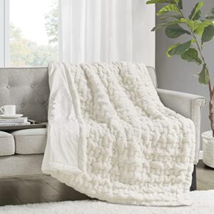 Madison Park Ruched Fur Luxury Throw Premium Soft Cozy Brushed Long Faux Fur For Bed, Couch or Sofa , 50x60" , Ivory