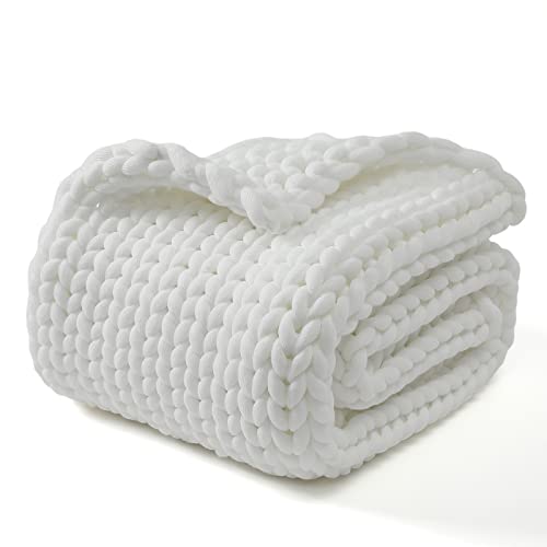 YnM Chunky Throw Blanket, Medium-Weight, Hand Knitted, Skin Friendly, Ventilated and Breathable, Machine Washable, Home Décor Piece for Couch, Sofa and Bed (White, 40x50 Inch)