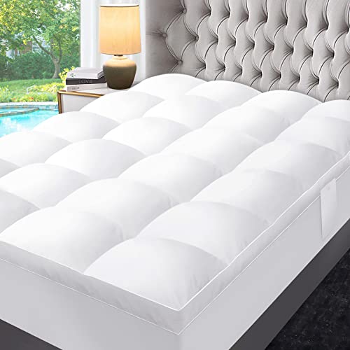 ABENE King Size Extra Thick Fusion Down Feather Filled Bed Mattress Topper for Back Pain, Plush Fluffy Doule Layer Pillowtop Luxury Mattress Pad, Cotton Fabric Soft Featherbed with Bedside Pocket