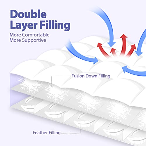 ABENE King Size Extra Thick Fusion Down Feather Filled Bed Mattress Topper for Back Pain, Plush Fluffy Doule Layer Pillowtop Luxury Mattress Pad, Cotton Fabric Soft Featherbed with Bedside Pocket