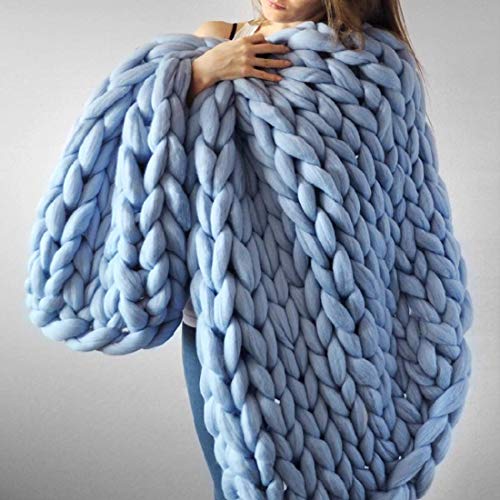 EASTSURE Chunky Knit Blanket Bulky Throw Merino Wool Hand Made Bed Sofa Throw Super Large,Sky Blue,40"x59"