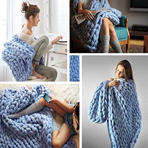 EASTSURE Chunky Knit Blanket Bulky Throw Merino Wool Hand Made Bed Sofa Throw Super Large,Sky Blue,40"x59"