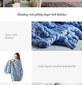 EASTSURE Chunky Knit Blanket Bulky Throw Merino Wool Hand Made Bed Sofa Throw Super Large,Sky Blue,40"x59"