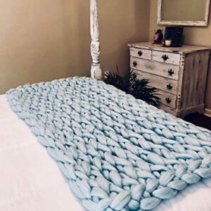 EASTSURE Chunky Knit Blanket Bulky Throw Merino Wool Hand Made Bed Sofa Throw Super Large,Sky Blue,40"x59"