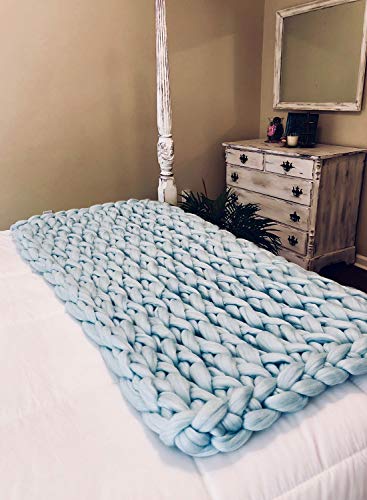 EASTSURE Chunky Knit Blanket Bulky Throw Merino Wool Hand Made Bed Sofa Throw Super Large,Sky Blue,40"x59"