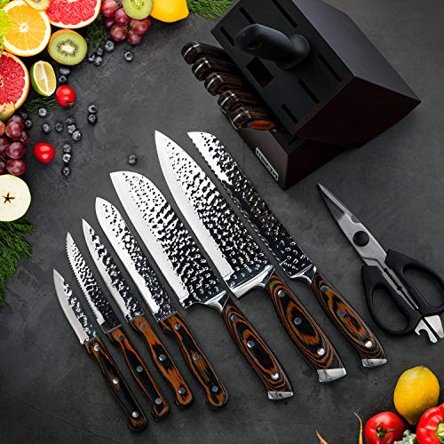 Kitchen Knife Set,15-Piece Knife Set With Block Wooden,Self Sharpening For Chef Knife Set,High Carbon Japan Stainless Steel Hammered Collection Knife Block Set with Steak Knives, Boxed Knife Sets